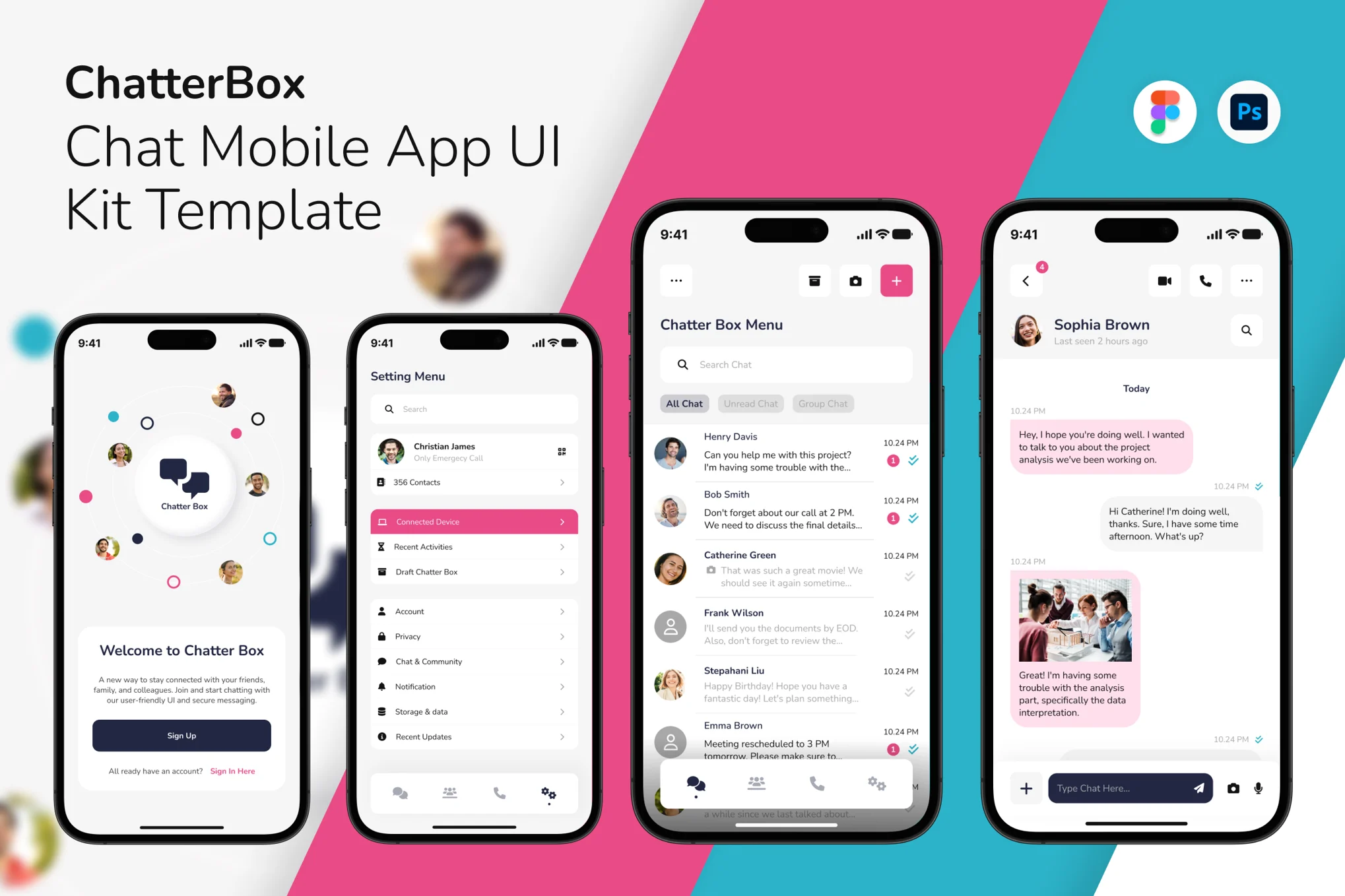ChatterBox - Chat Message Mobile App UI Kit Template